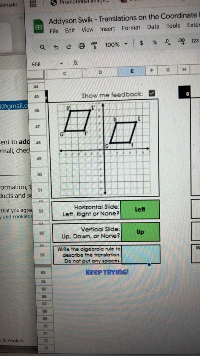 Here is a graph showing two parallelograms, one labeled D'E'F'G' and the