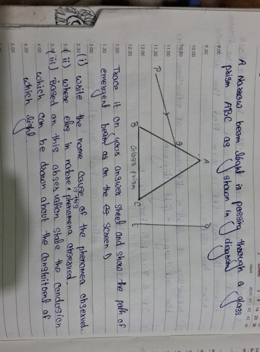 A narrow beam of light is passing through a glass prism ABC as shown in t..