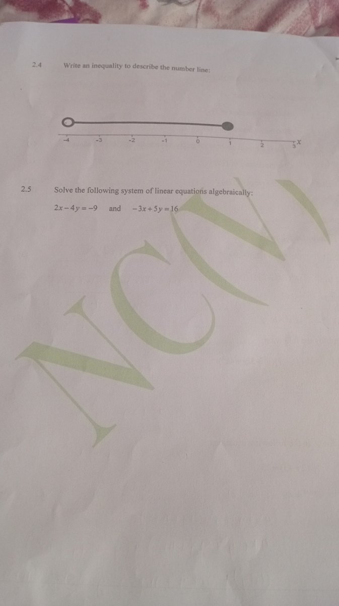 2.4 Write an inequality to describe the number line: [Image of a number