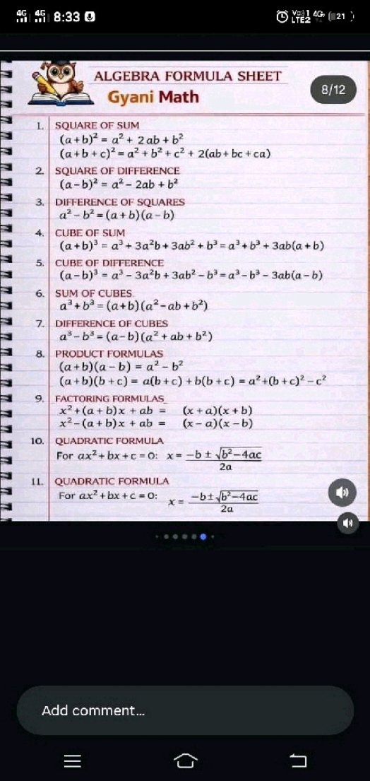 ALGEBRA FORMULA SHEET Gyani Math SQUARE OF SUM (a+b)²= a²+2ab+b² (a+b+c)..