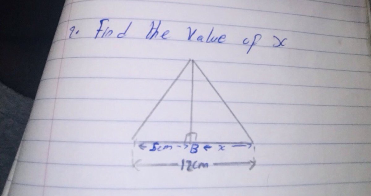 Find the value of x. [Diagram: A triangle with a perpendicular line from..