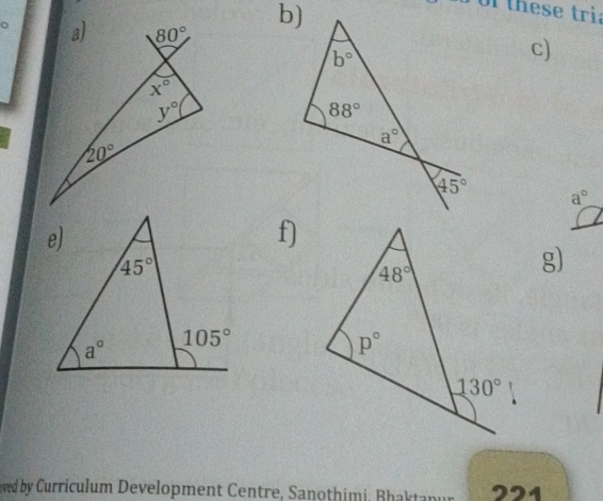 The image shows several triangles with some angles given and some unknown..
