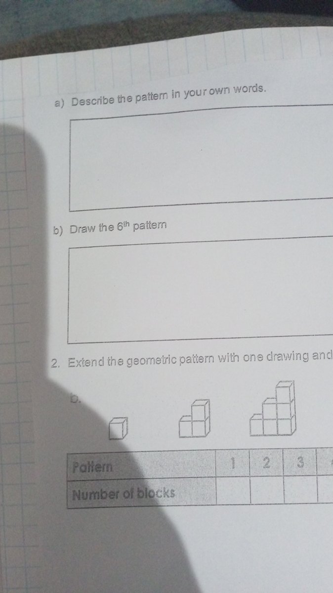 a) Describe the pattern in your own words. b) Draw the 6th pattern Exten..