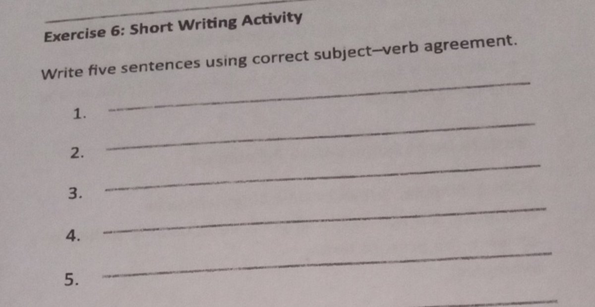 Exercise 6: Short Writing Activity Write five sentences using correct su..