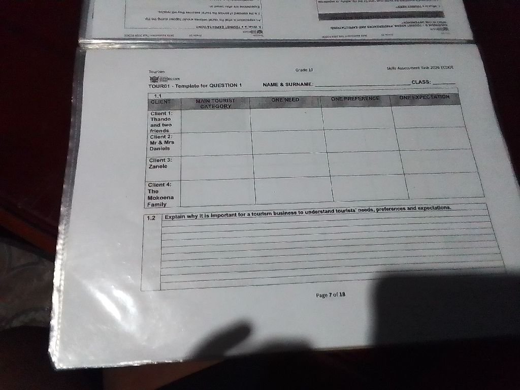 TOUR01 Template for QUESTION 1 1.1 Complete the table below for each cli..