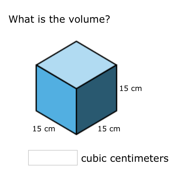 What is the volume of a cube with side lengths of 15 cm? Express your ans..