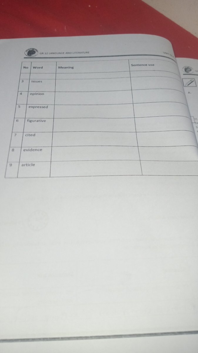 The image shows a table with three columns: "No", "Word", "Meaning", and