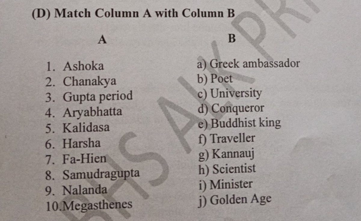 (D) Match Column A with Column B Column A Ashoka Chanakya Gupta period A..