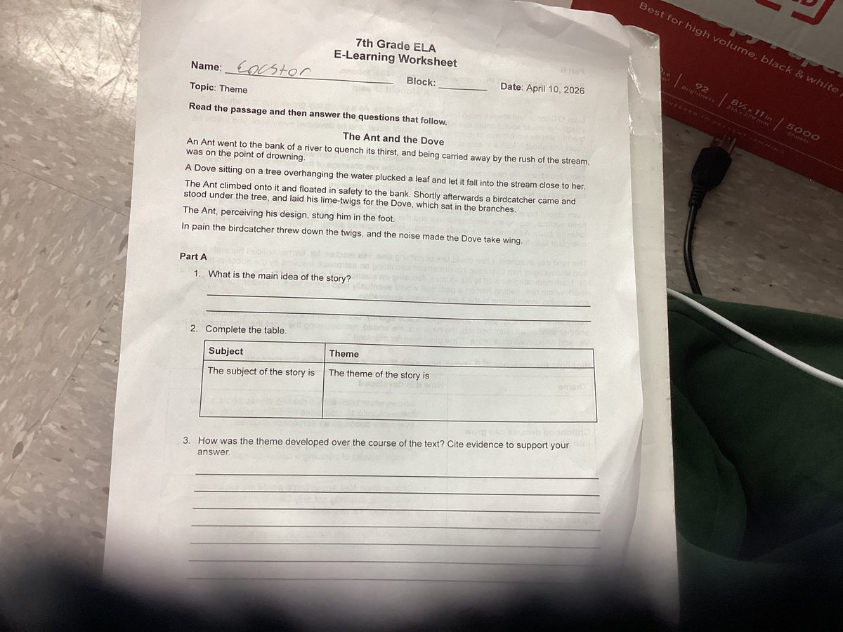 7th Grade ELA E-Learning Worksheet Name: _ Block: _ Date: April 10, 2026..