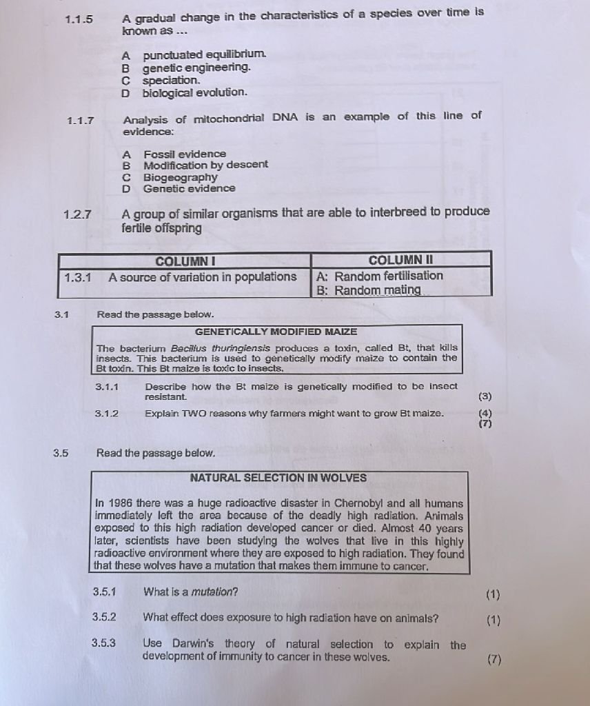 1.1.5 A gradual change in the characteristics of a species over time is k..