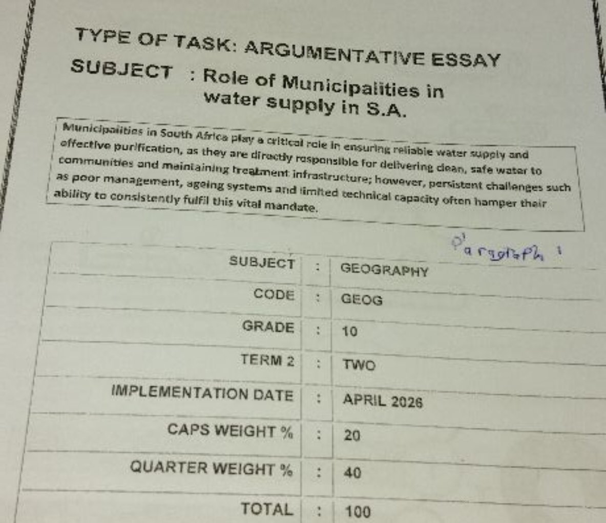 TYPE OF TASK: ARGUMENTATIVE ESSAY SUBJECT: Role of Municipalities in wate..