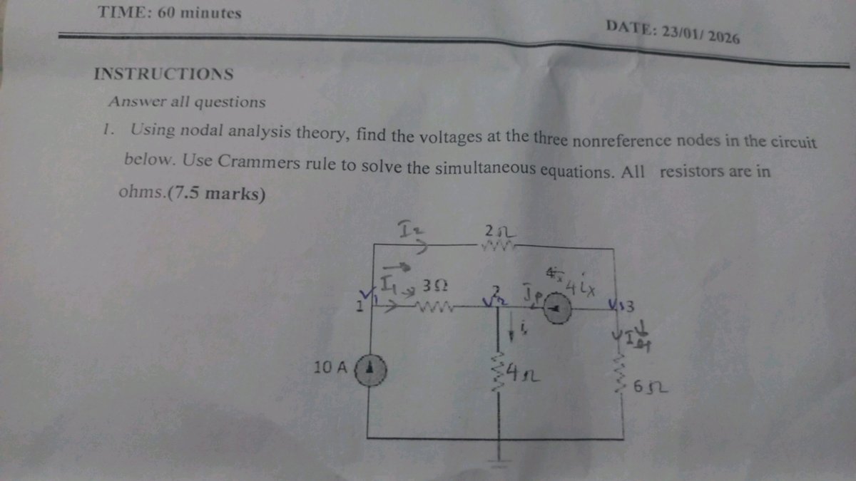 Using nodal analysis theory, find the voltages at the three nonreference