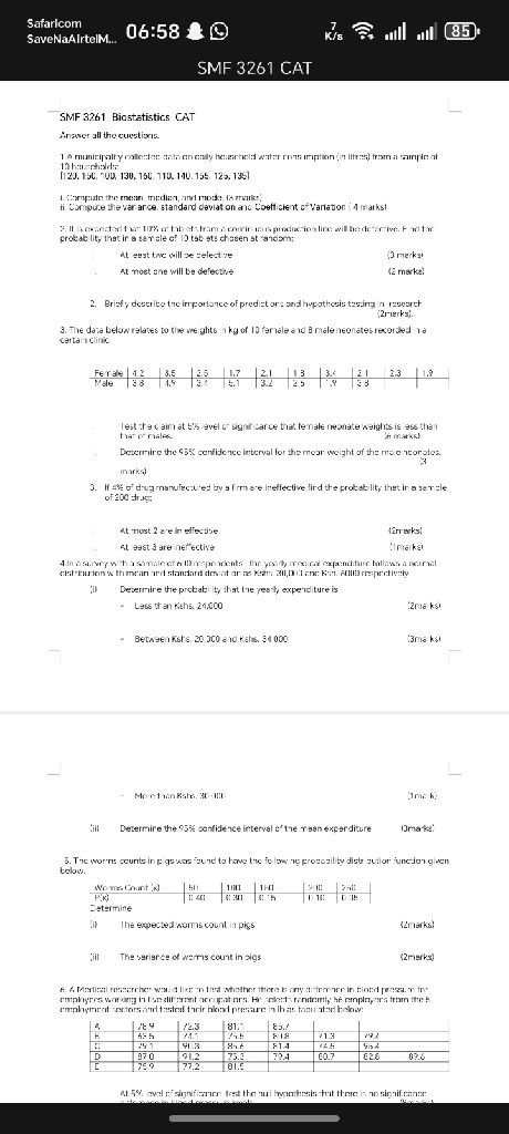 SMF 3261 Biostatistics CAT Answer all the questions. A municipality coll..