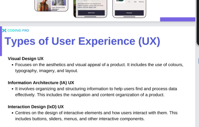 Types of User Experience (UX) Visual Design UX Focuses on the aesthetic..