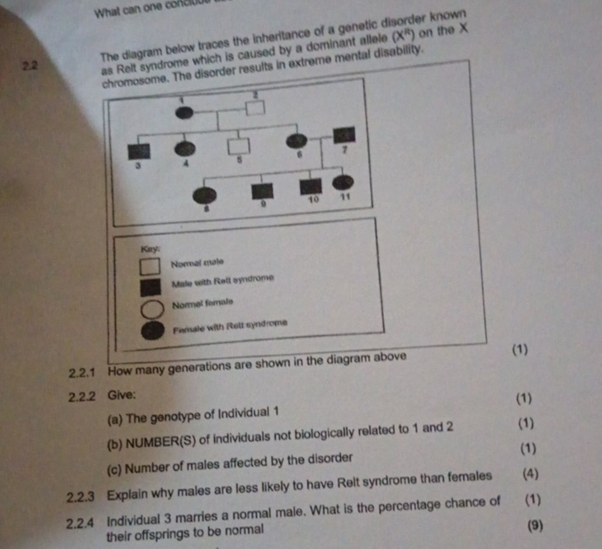 The diagram below traces the inheritance of a genetic disorder known as R..