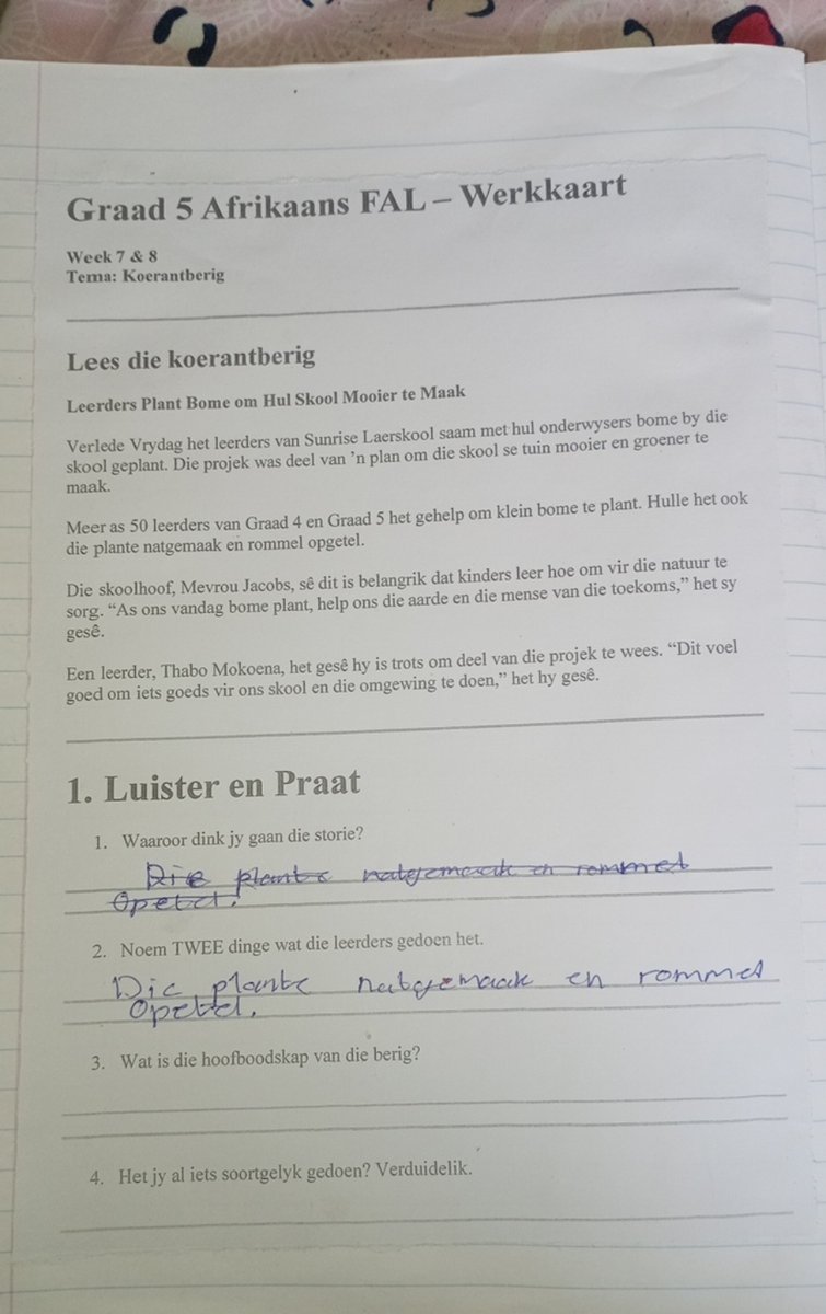 Graad 5 Afrikaans FAL – Werkkaart Week 7 & 8 Tema: Koerantberig Lees die..