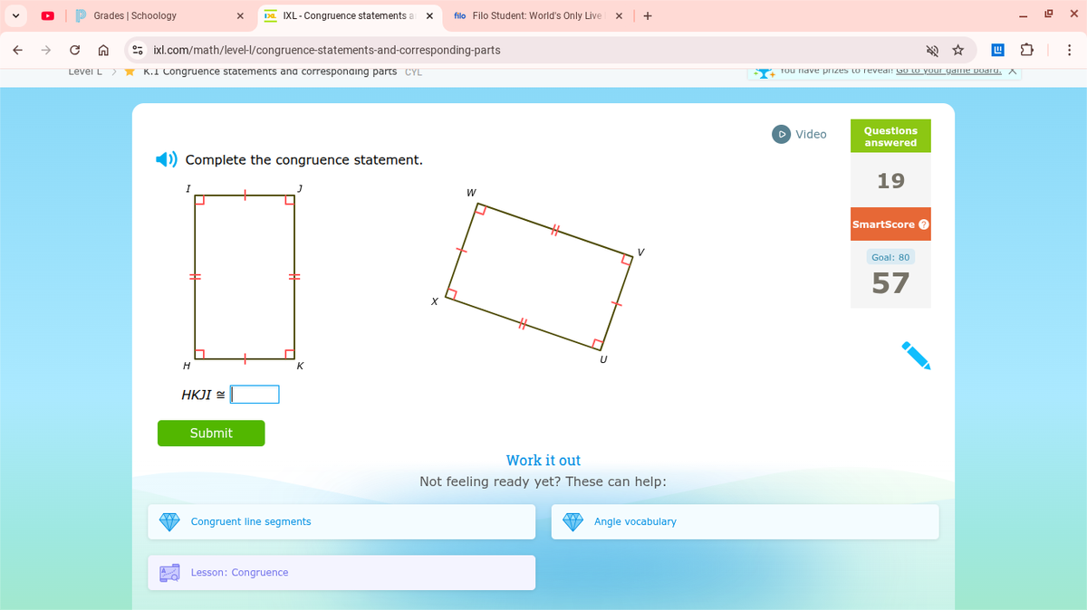 Complete the congruence statement. Given two quadrilaterals, HKJI and UV..