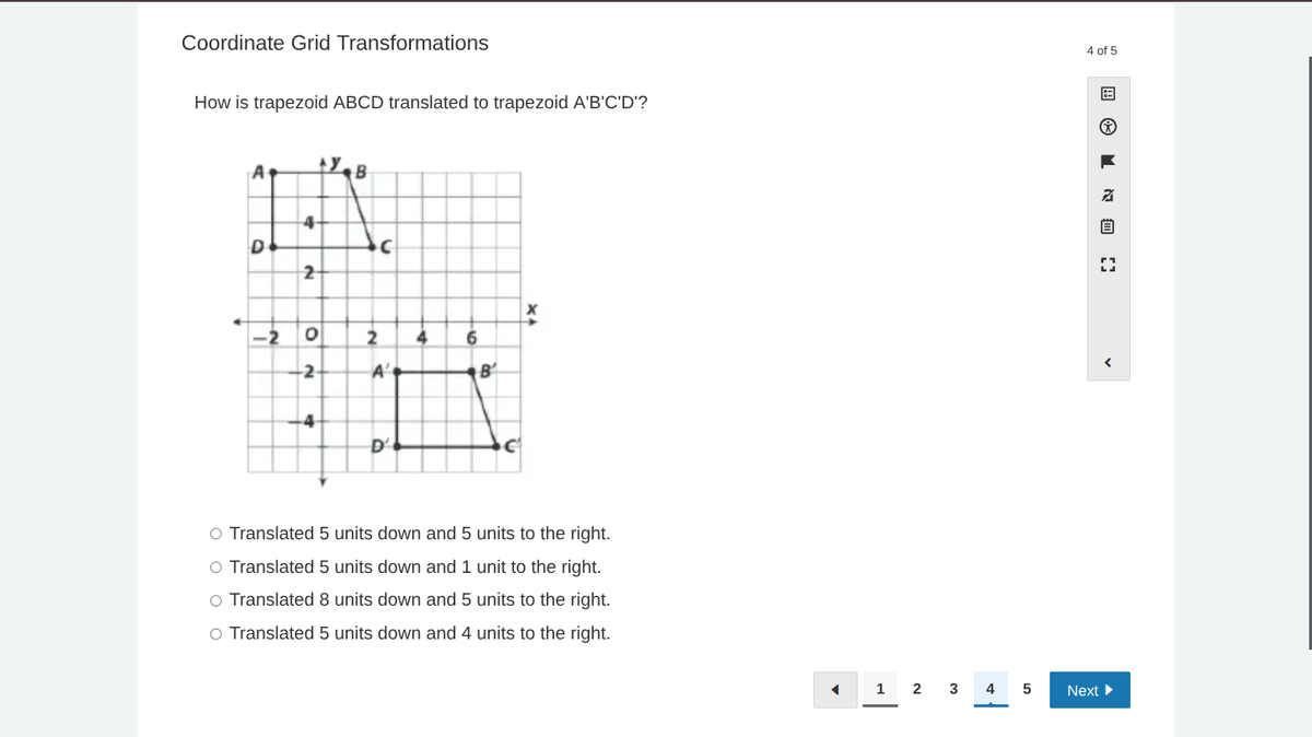 How is trapezoid ABCD translated to trapezoid A'B'C'D'? [Image of a coor..
