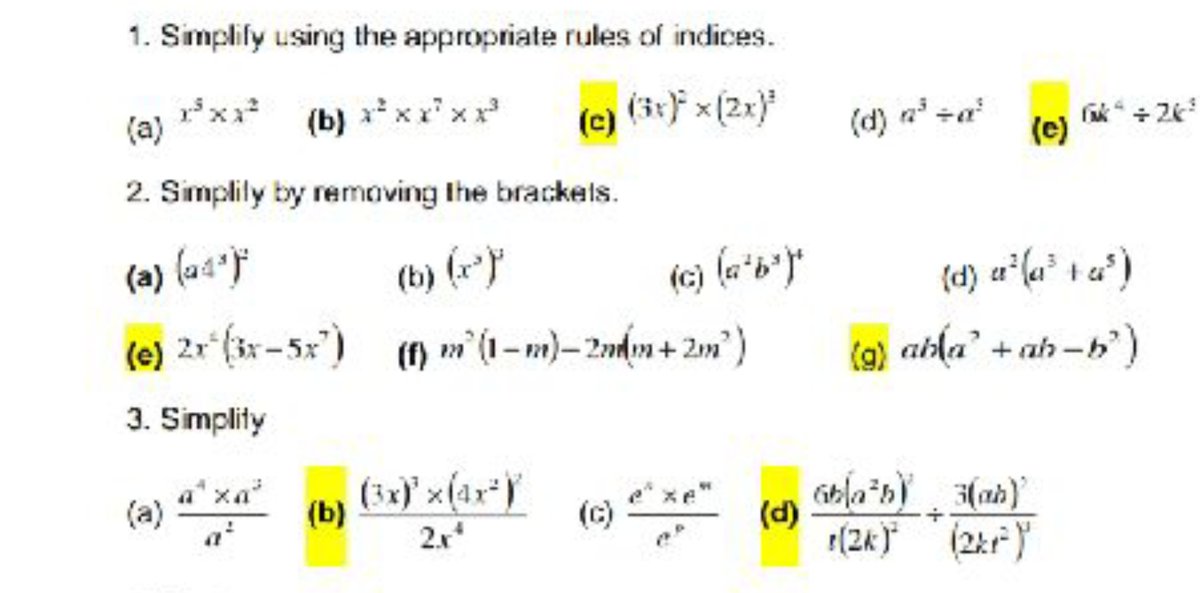 Simplify using the appropriate rules of indices. (a) x^5 \times x^2 (b) x..