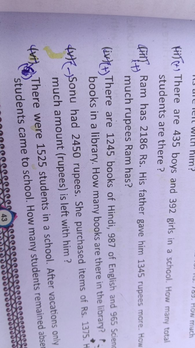 Here are the questions: (i) There are 435 boys and 392 girls in a school..