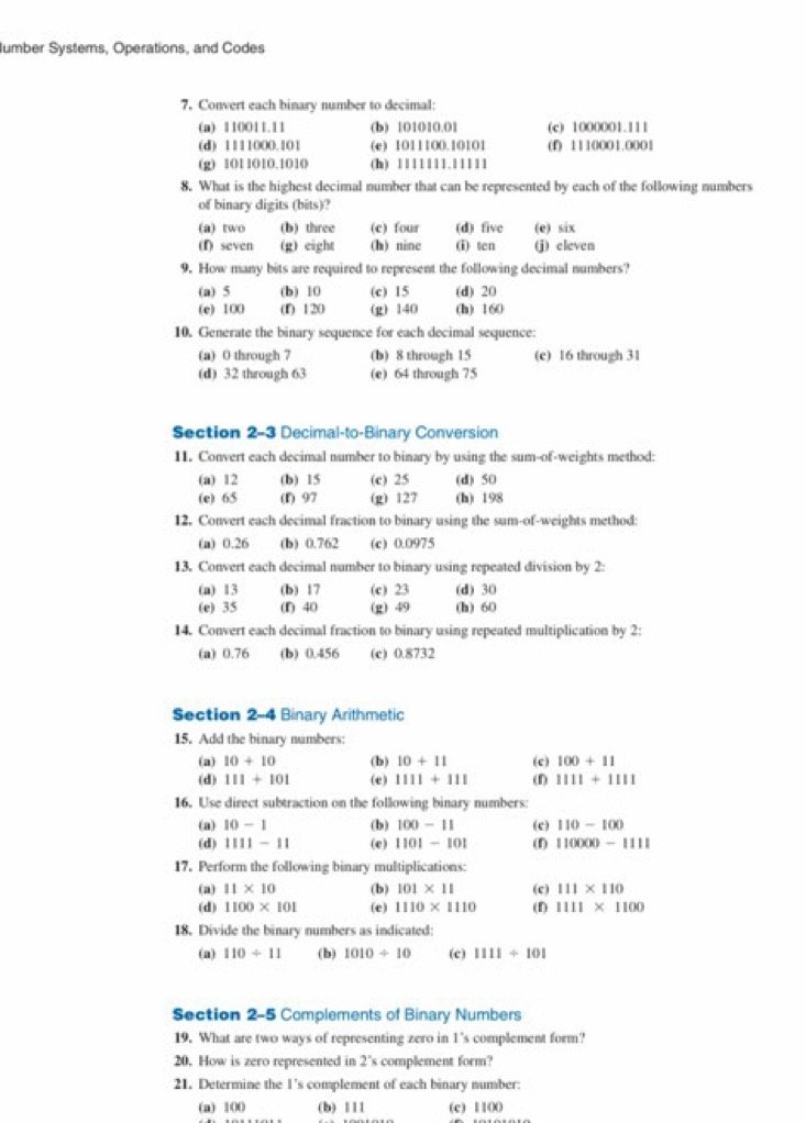 Number Systems, Operations, and Codes Convert each binary number to deci..