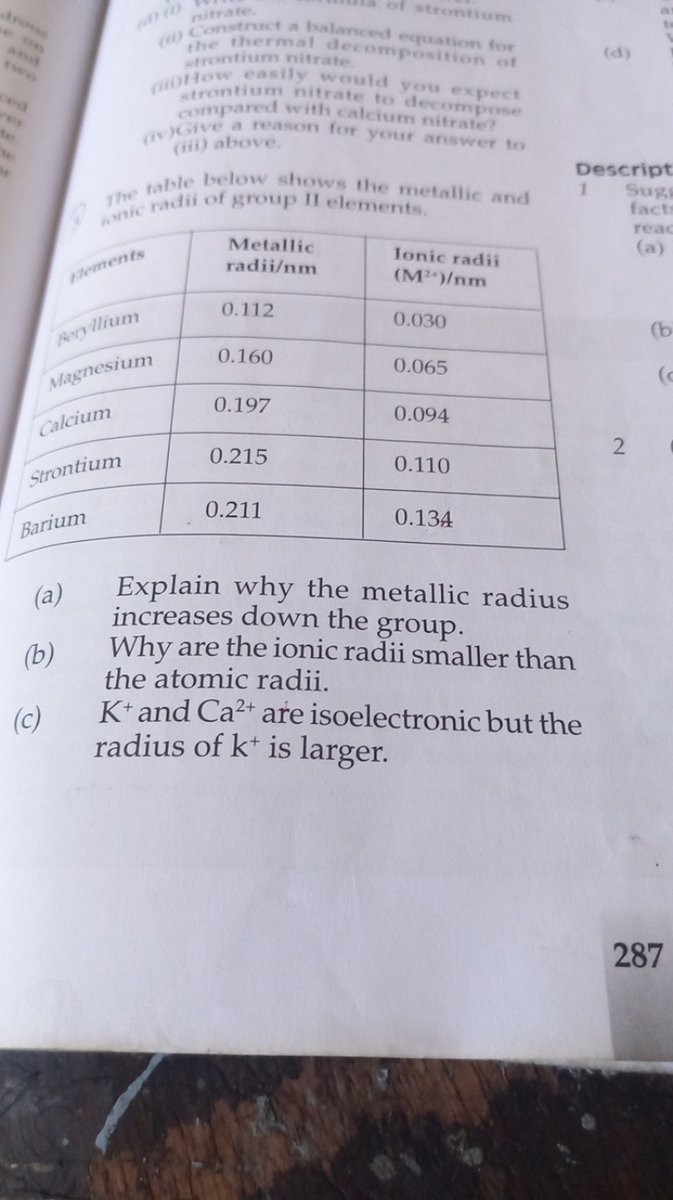 The table below shows the metallic and ionic radii of group II elements.