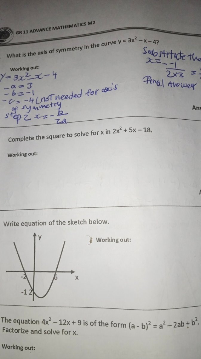 Here are four math problems: What is the axis of symmetry in the curve y..