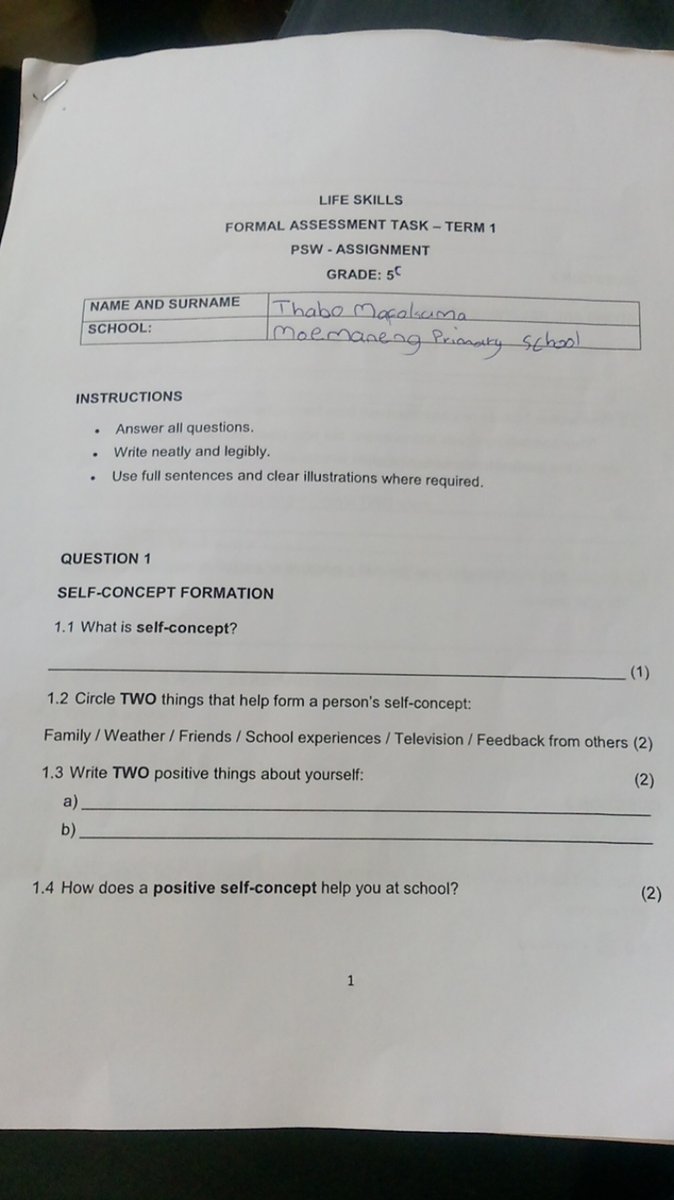 LIFE SKILLS FORMAL ASSESSMENT TASK – TERM 1 PSW - ASSIGNMENT GRADE: 5 NA..