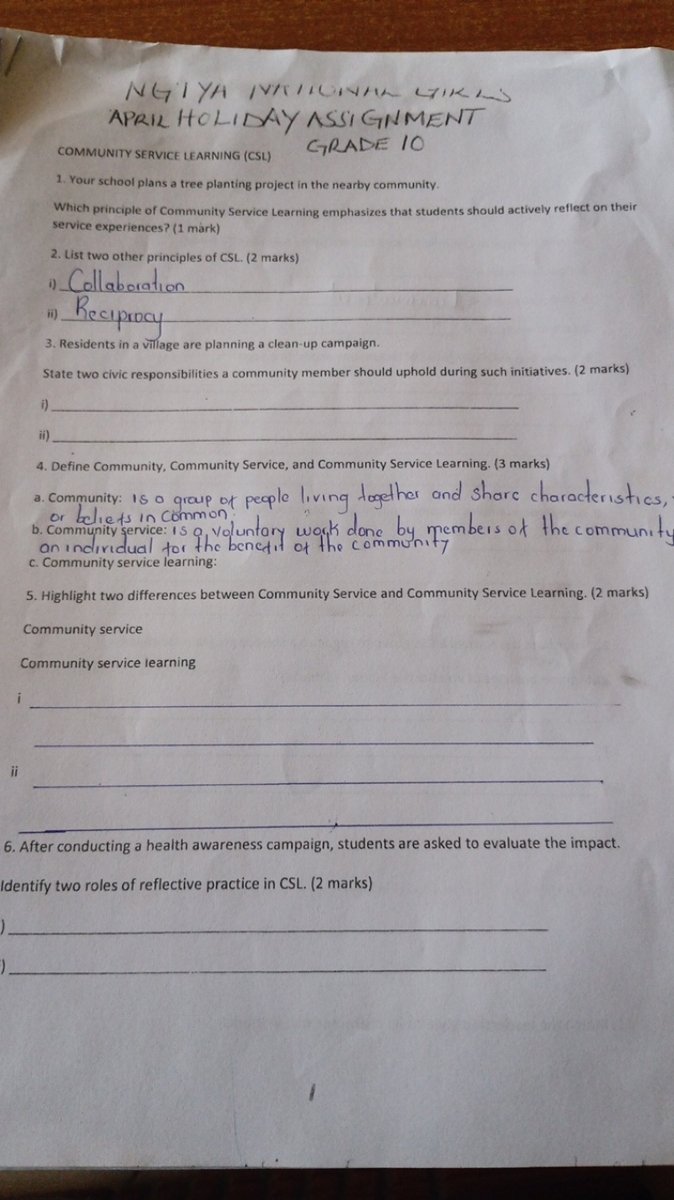 NGIYA NATIONAL GIRLS APRIL HOLIDAY ASSIGNMENT GRADE 10 COMMUNITY SERVICE..
