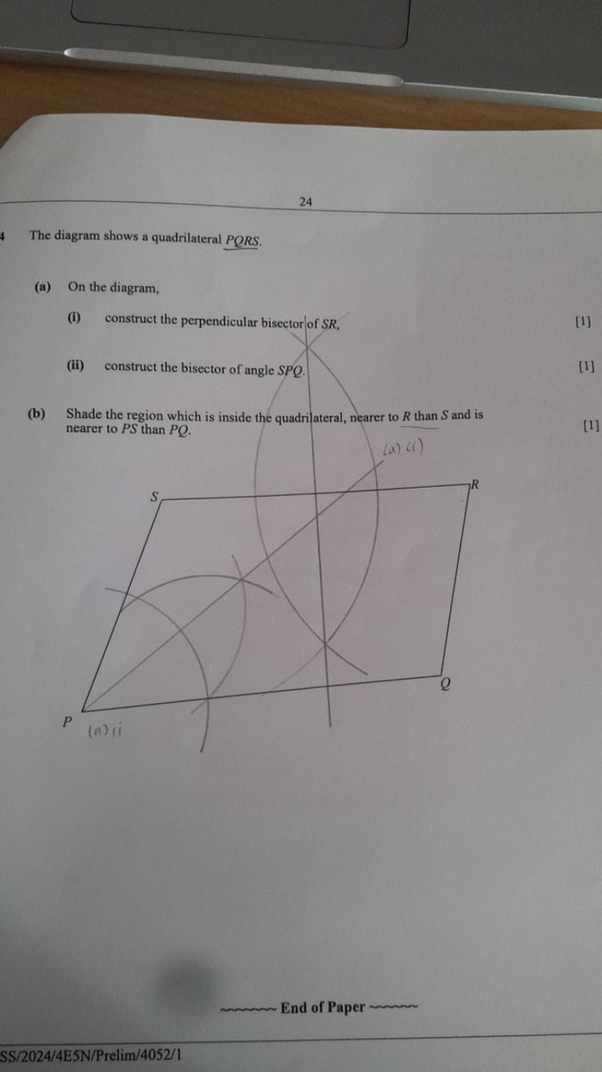 The diagram shows a quadrilateral PQRS. (a) On the diagram, (i) construc..