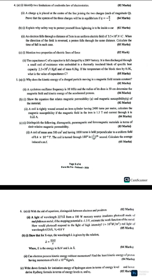 (a) (i) Identify two limitations of coulombs law of electrostatics. (02 M..