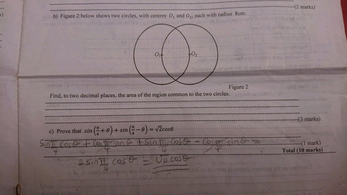 b) Figure 2 below shows two circles, with centres O1 and O2, each with ra..