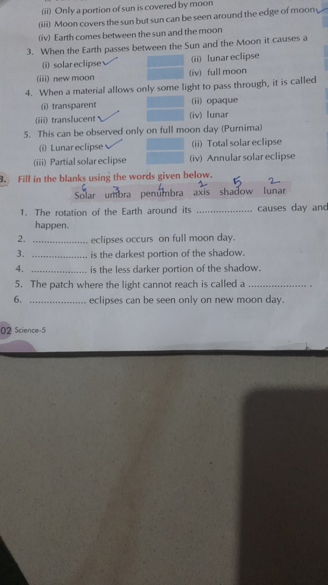 Fill in the blanks using the words given below: Words: Solar, umbra, pen..