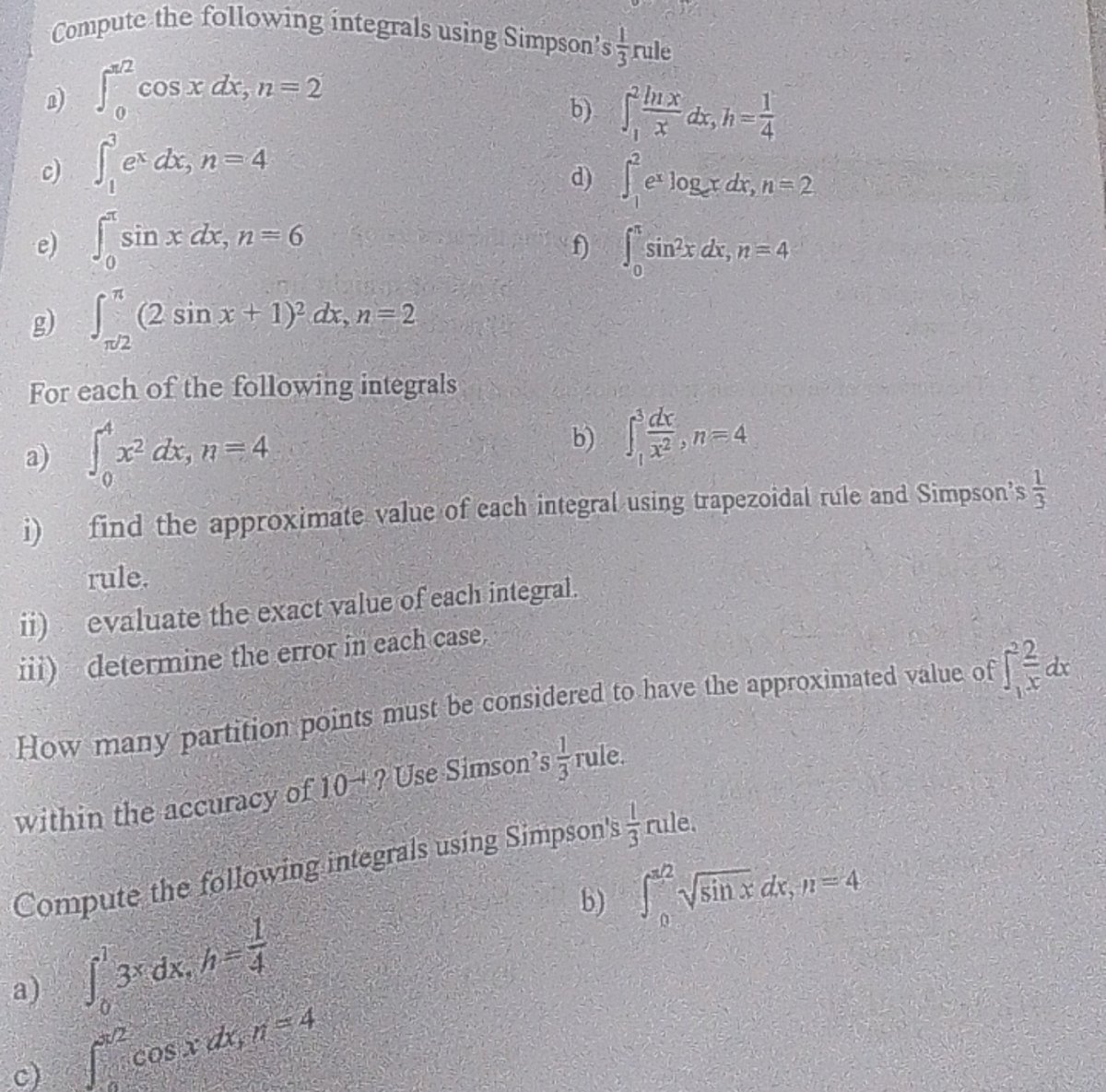 Compute the following integrals using Simpson's rule: a) \int_0^{\pi/2}