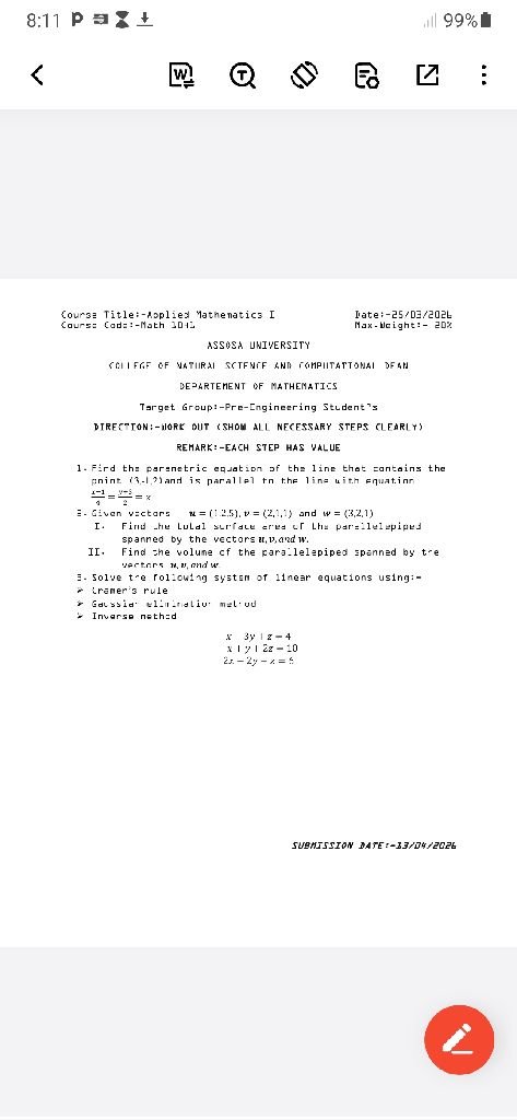 Course Title: Applied Mathematics I Course Code: Math 1042 Date: 25/03/20..