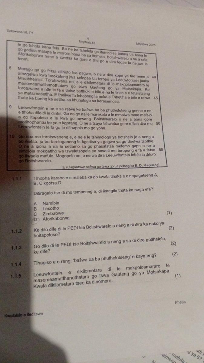 Here are the questions based on the provided text: 1.1.1 Choose the corr..