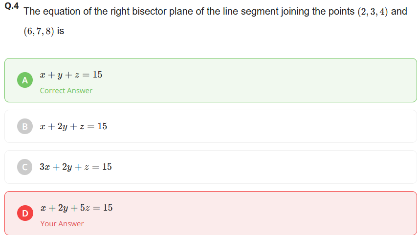 The equation of the right bisector plane of the line segment joining the