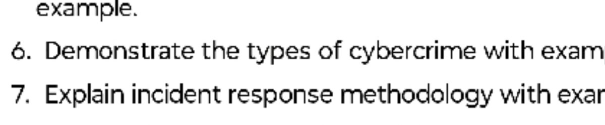 Demonstrate the types of cybercrime with examples. Explain incident respo..
