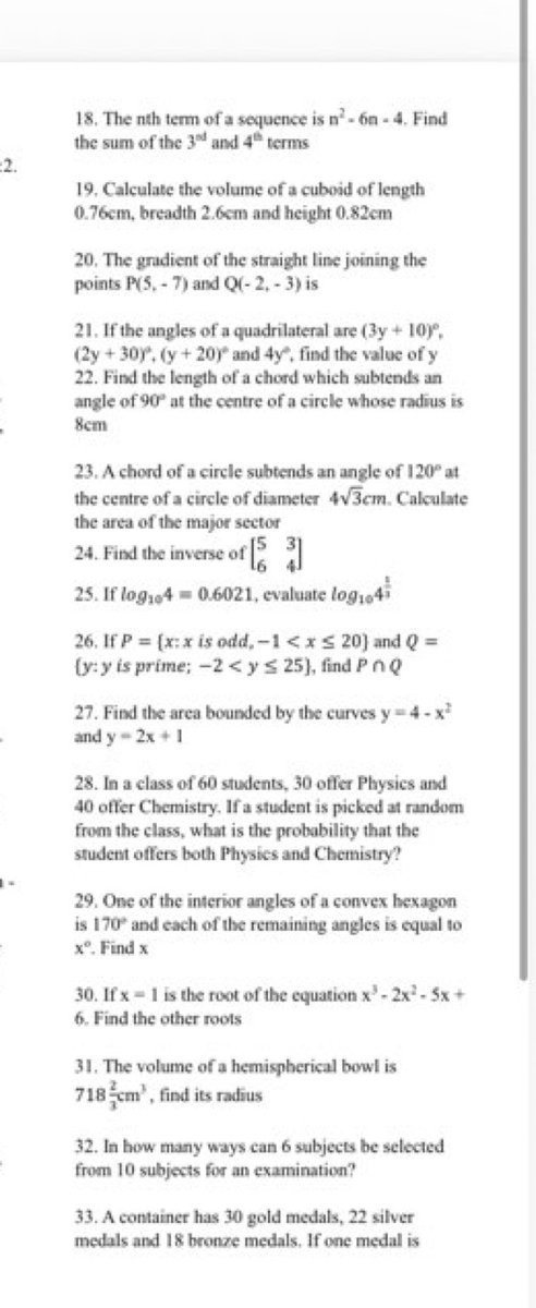 The nth term of a sequence is n² - 6n - 4. Find the sum of the 3rd and 4t..