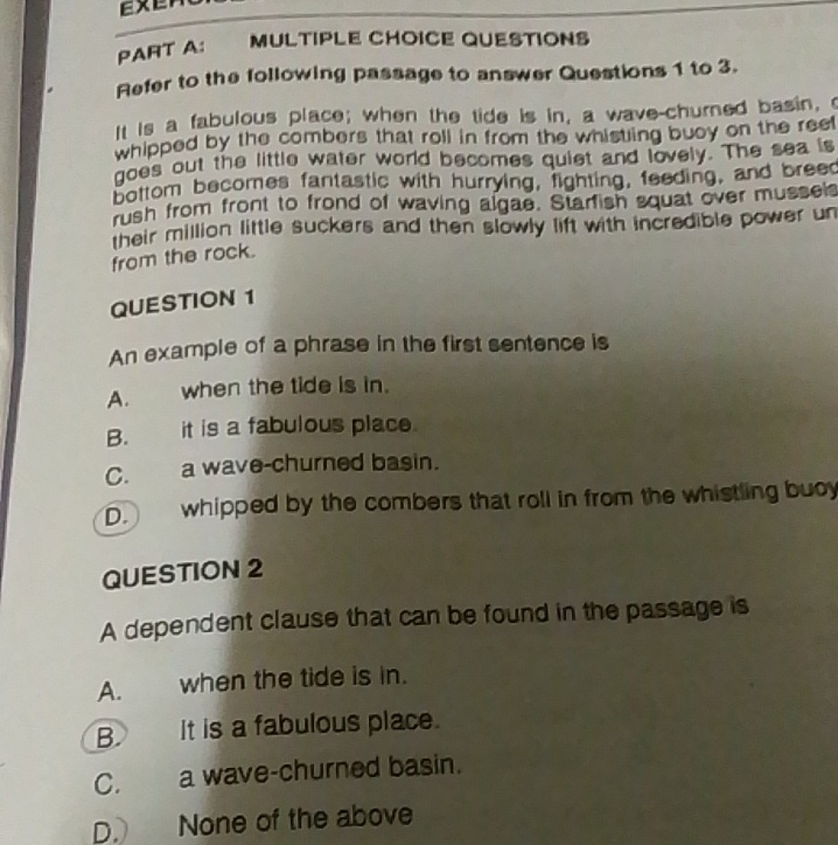 PART A: MULTIPLE CHOICE QUESTIONS Refer to the following passage to answe..