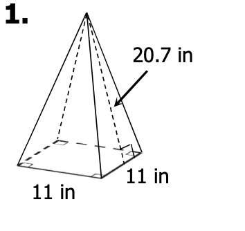 Given a square pyramid with base side lengths of 11 inches and a slant he..