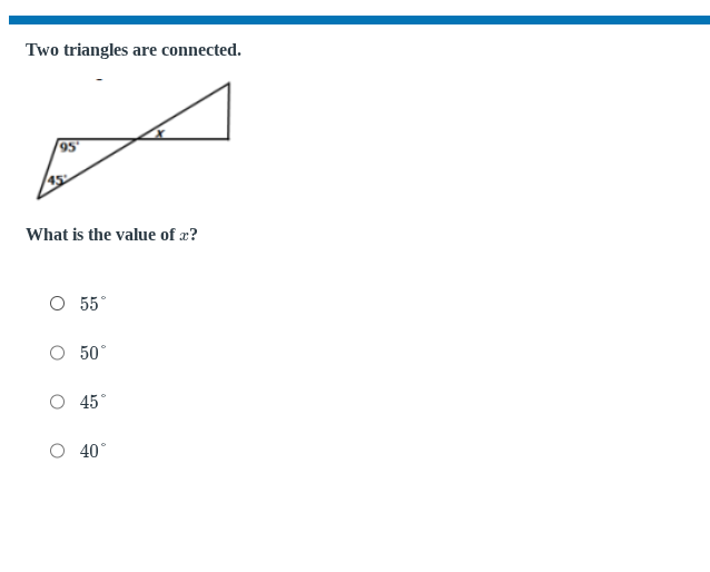 Two triangles are connected. What is the value of x? A diagram shows tw..