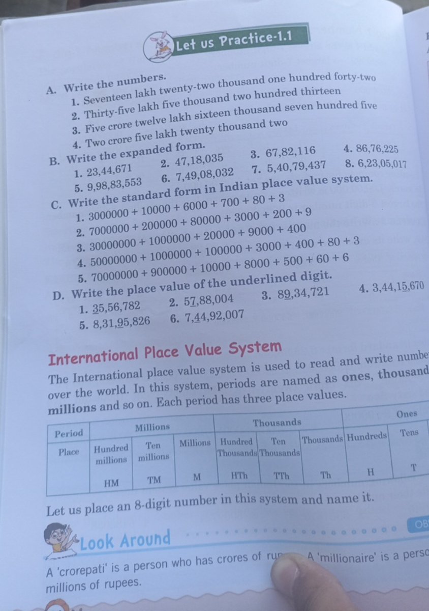 Here are the questions: A. Write the numbers. Seventeen lakh twenty-two