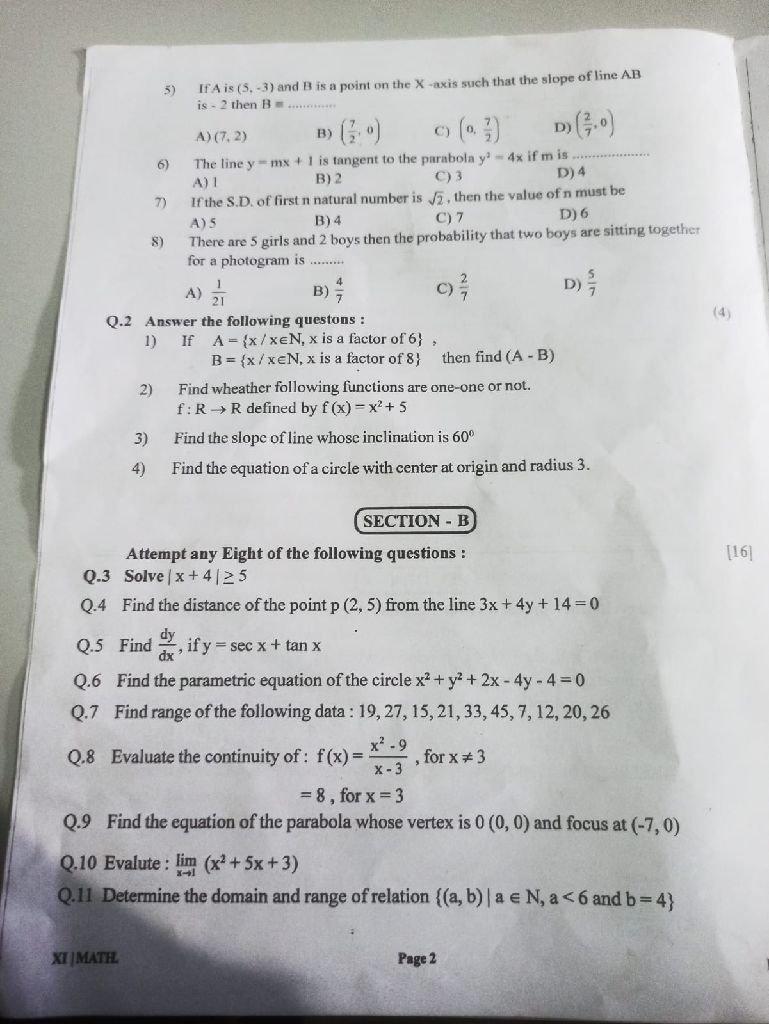 Here is a question paper. Please solve it properly. SECTION - A 5) If A..
