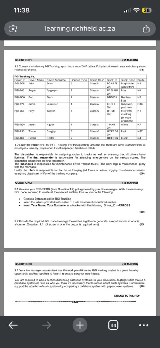 QUESTION 1 (35 MARKS) 1.1 Convert the following RGI Trucking report into..