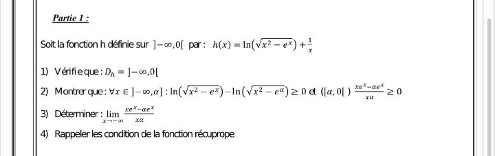 Partie 1: Soit la fonction h définie sur ]-\infty,0[ par: h(x) = \ln(\sq..