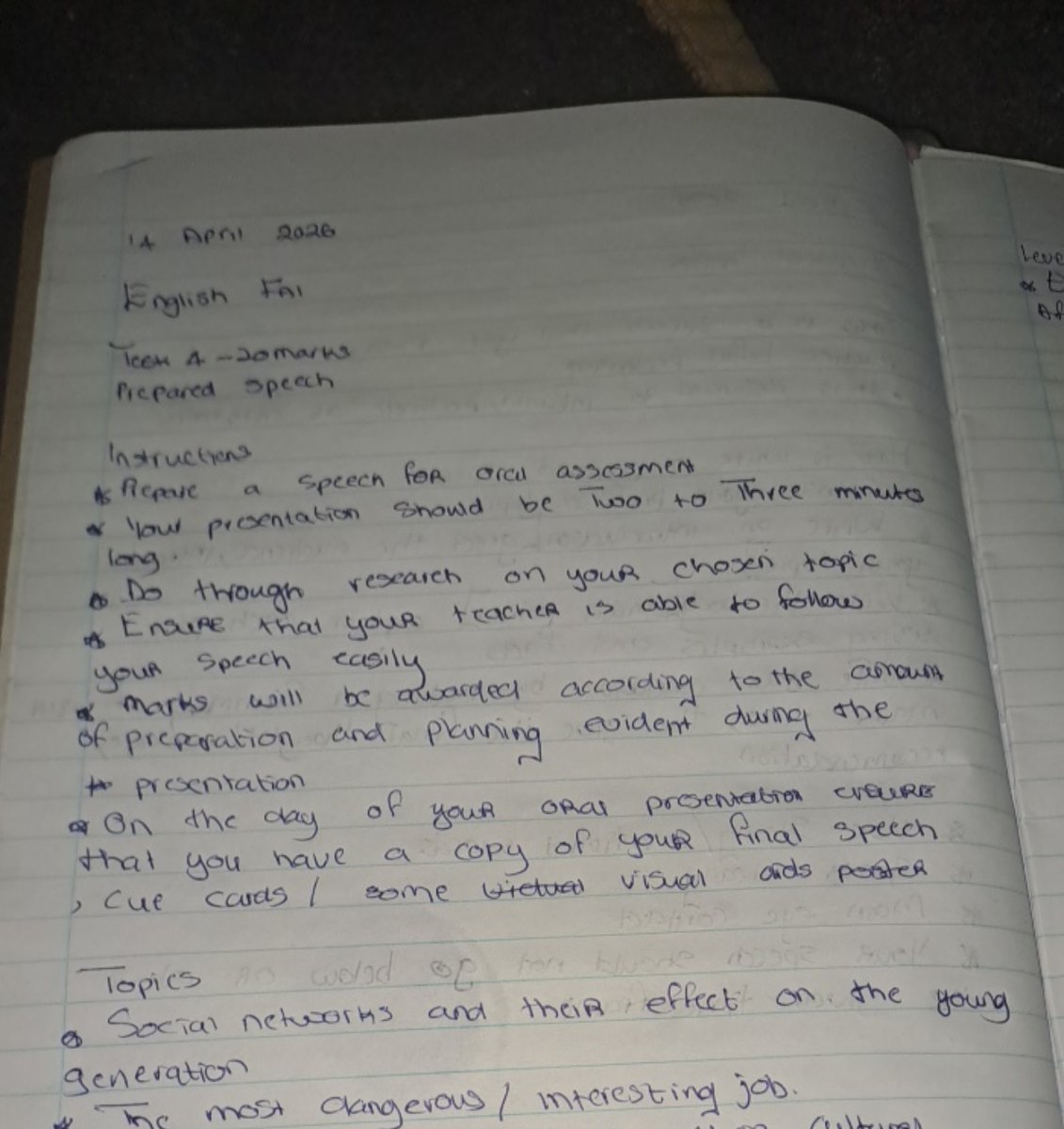 14 April 2026 English FAI Task 4 - 20 marks Prepared speech Instructions..