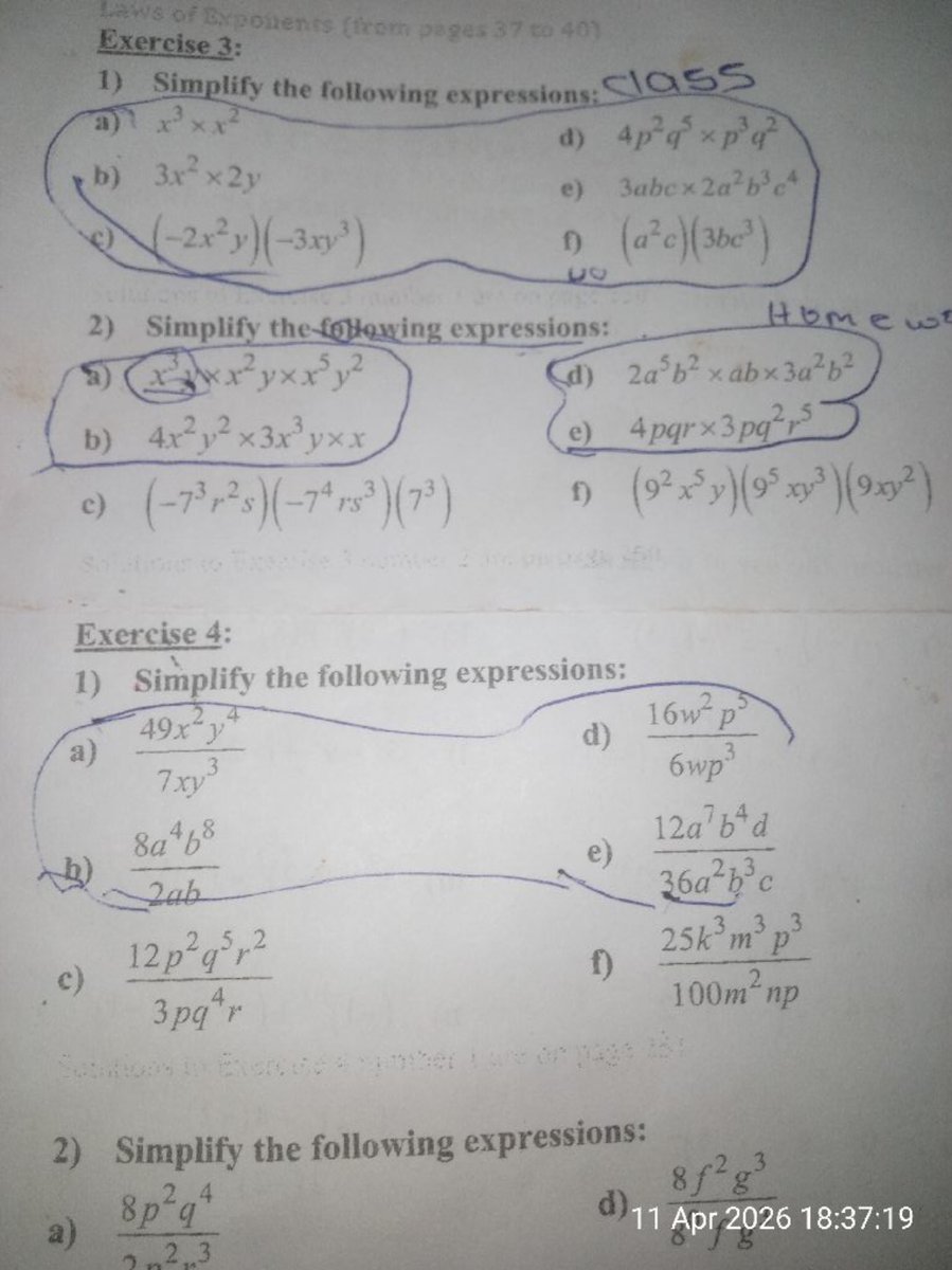 Exercise 3: 1) Simplify the following expressions: a) x^3 \times x^2 b) 3..