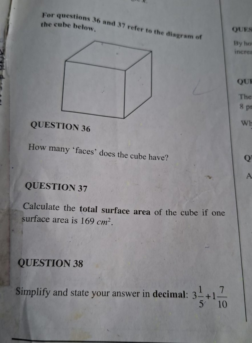 For questions 36 and 37 refer to the diagram of the cube below. QUESTION..
