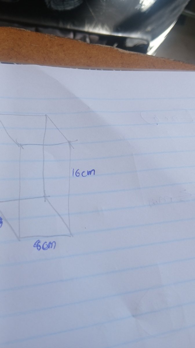 A diagram shows a 3D shape with dimensions 16 cm and 8 cm. The third dime..